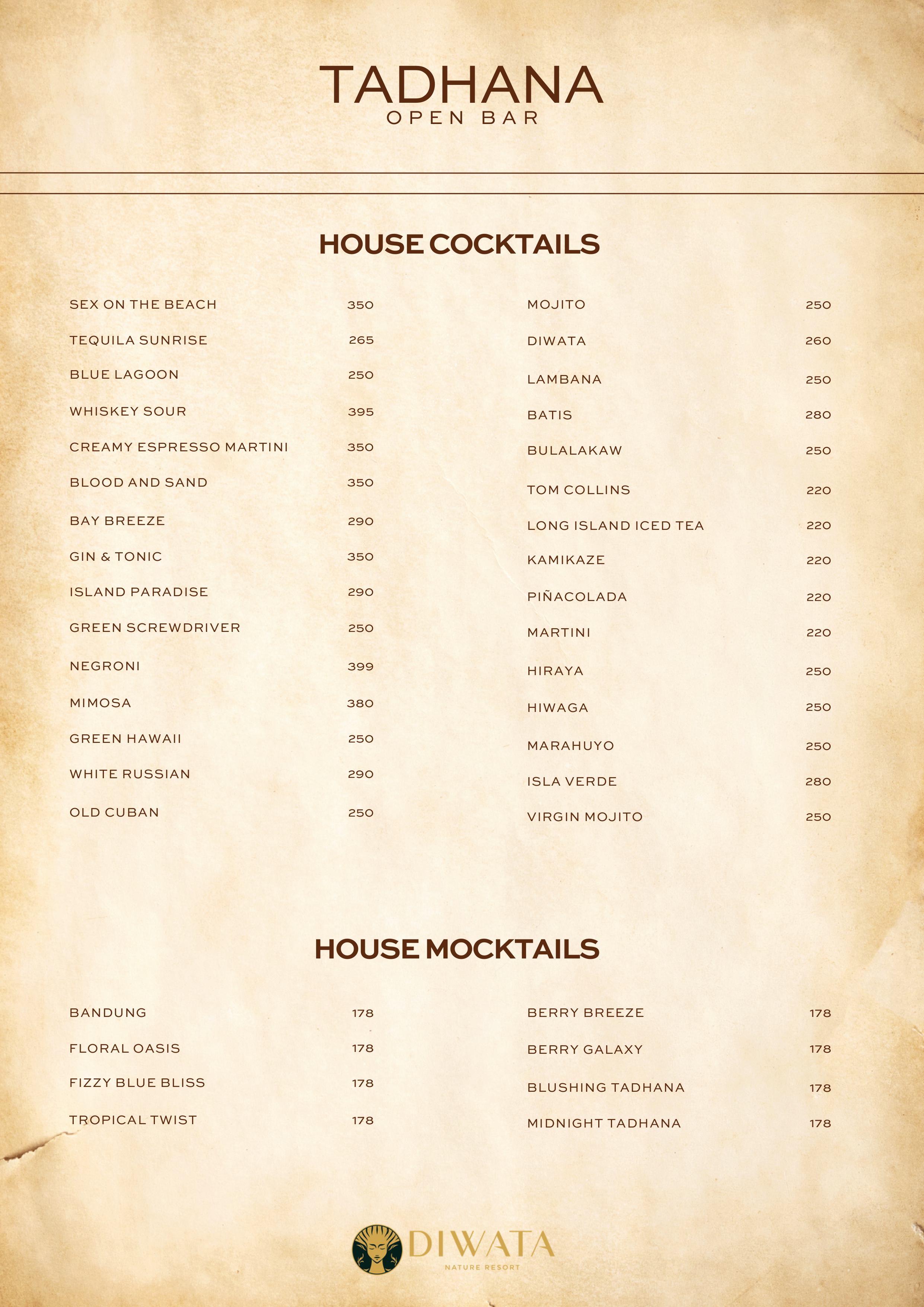Diwata Nature Resort Tadhana Menu